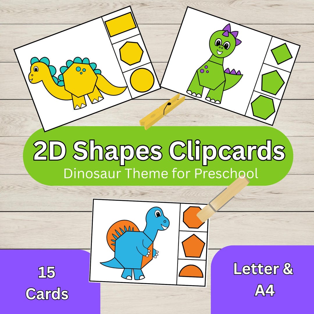 Dinosaur Shape Clip Cards for Preschool | 2D Shape Recognition Activity ...