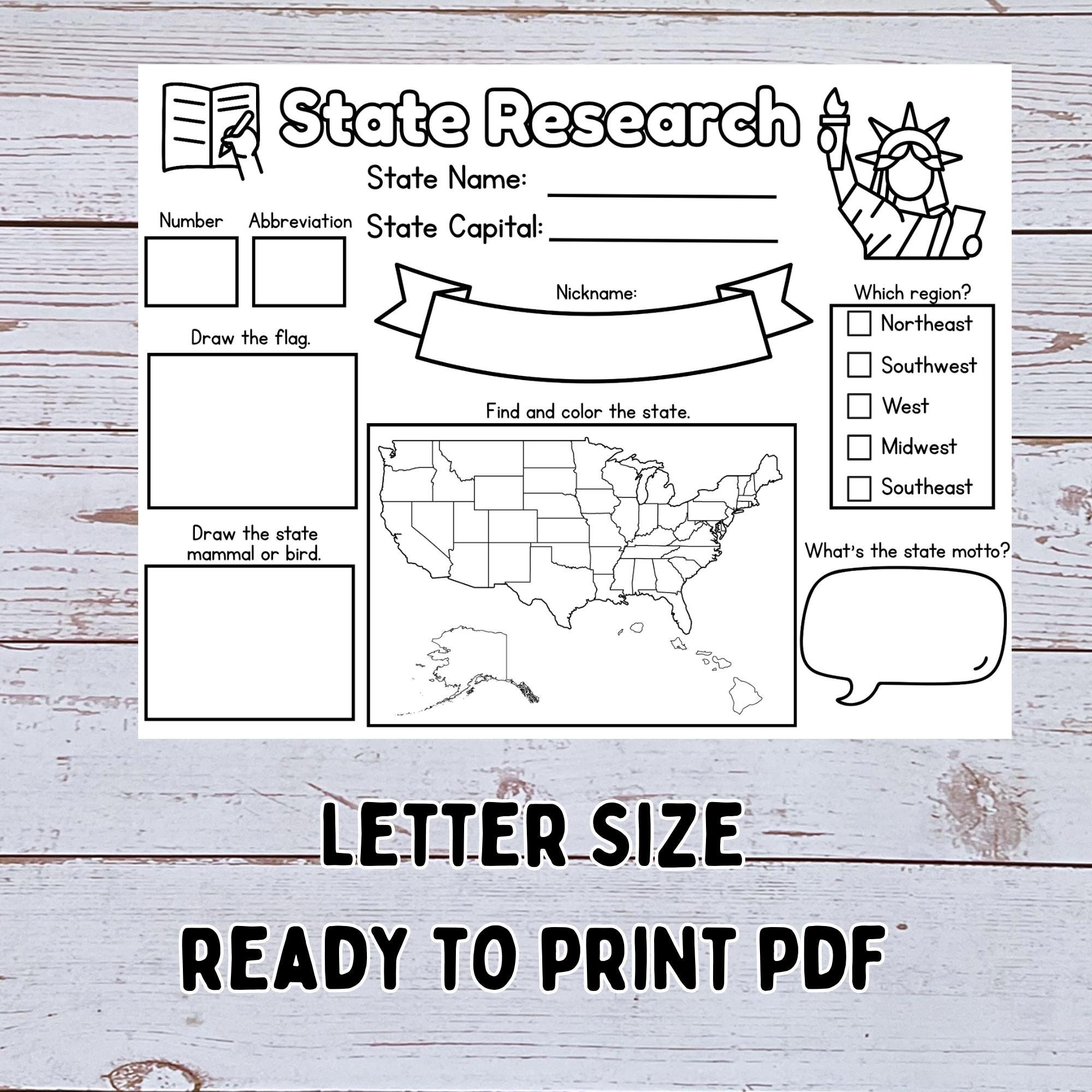 US States Research Worksheets for Kids | USA Geography Printable ...