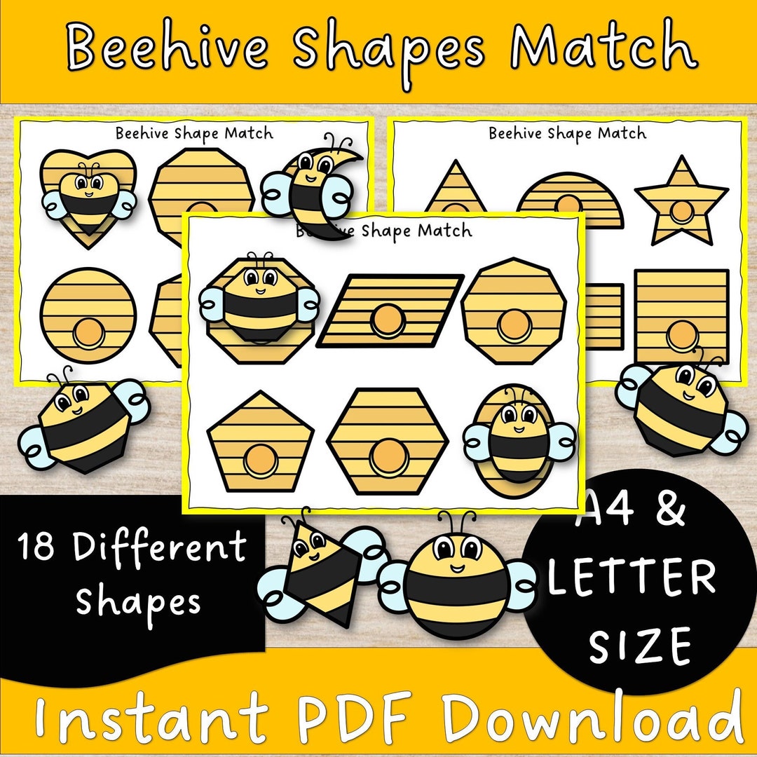 Bees & Hive Theme 2D Shapes Matching - Montessori Learning Teaching ...