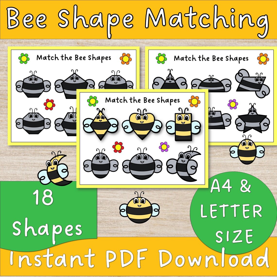 Bee Theme 2D Shapes Matching Game: Montessori Learning (PDF Download ...