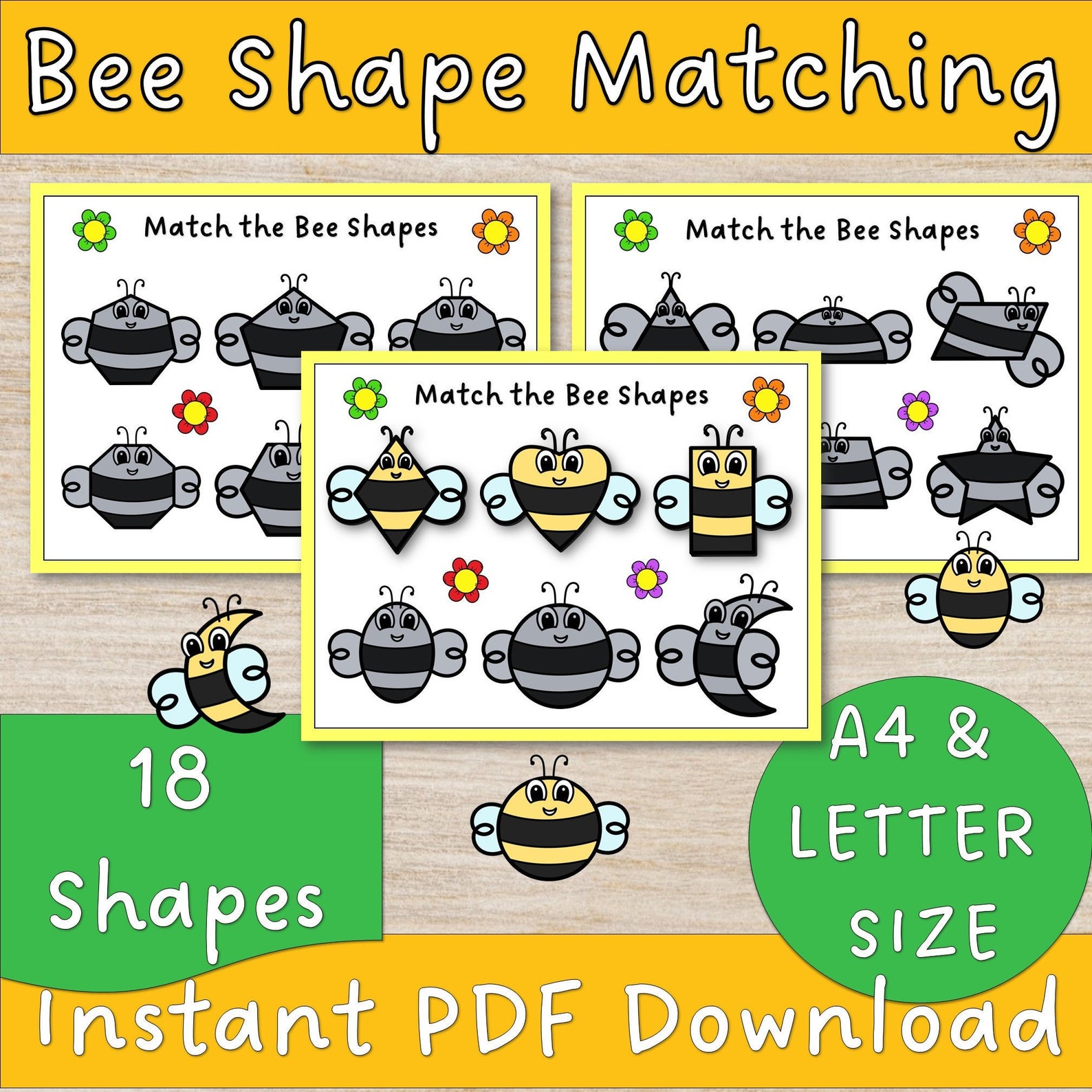 Bee Theme 2D Shapes Matching Game: Montessori Learning (PDF Download ...