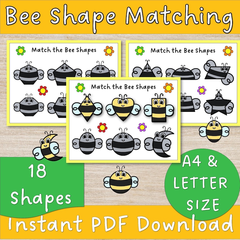 Bee Theme 2D Shapes Matching Game: Montessori Learning (PDF Download ...