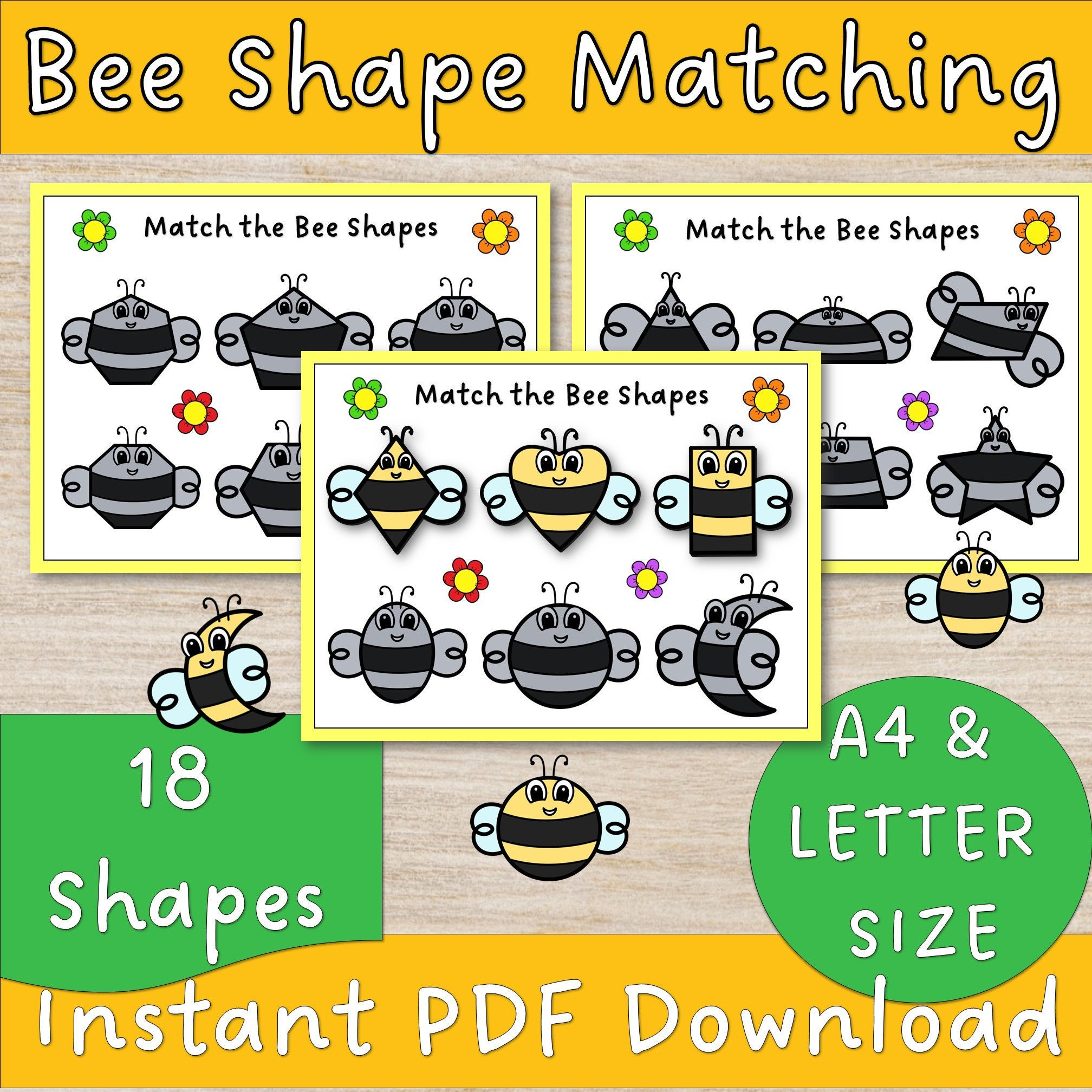 Bee Theme 2D Shapes Matching Game: Montessori Learning (PDF Download ...