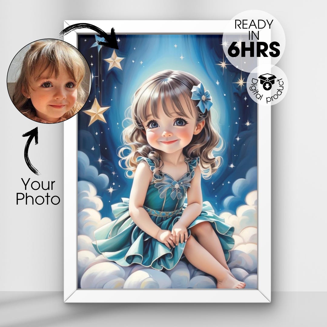 Custom Kids Portrait Personalized Child Artwork Fairy Tale Style ...