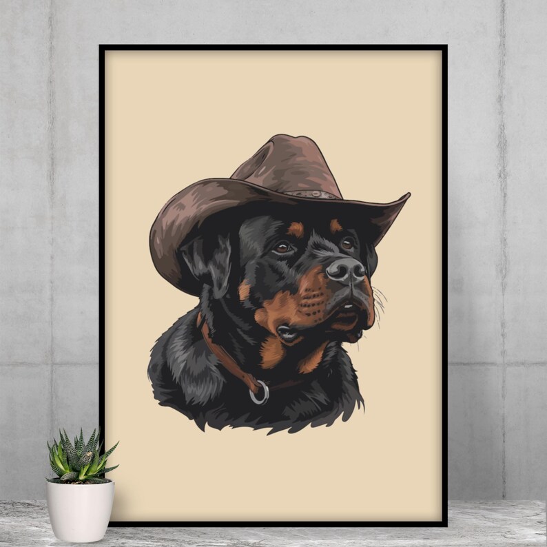 Rottweiler Dog Art Portrait, Western Themed Rottweiler Poster ...