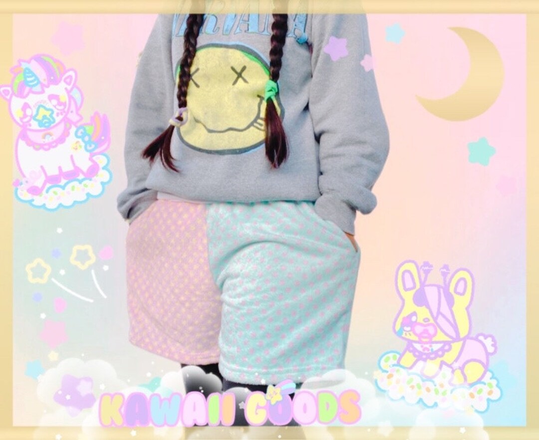 Starry Colorblock Fairy Kei Fuzzy Shorts, Cute Fuzzy Shorts, Kawaii ...