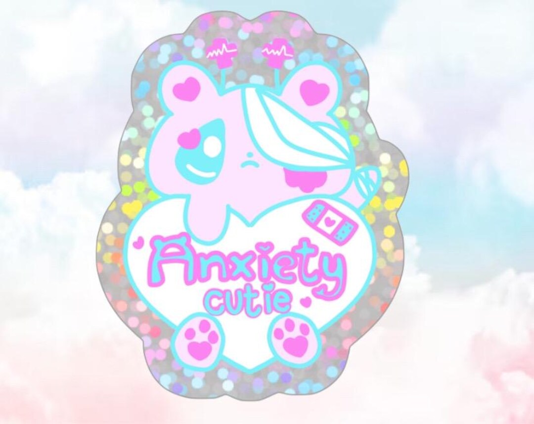 Hurt Bear Anxiety Mental Health Holo Sticker, Glitter Sticker, Kawaii ...