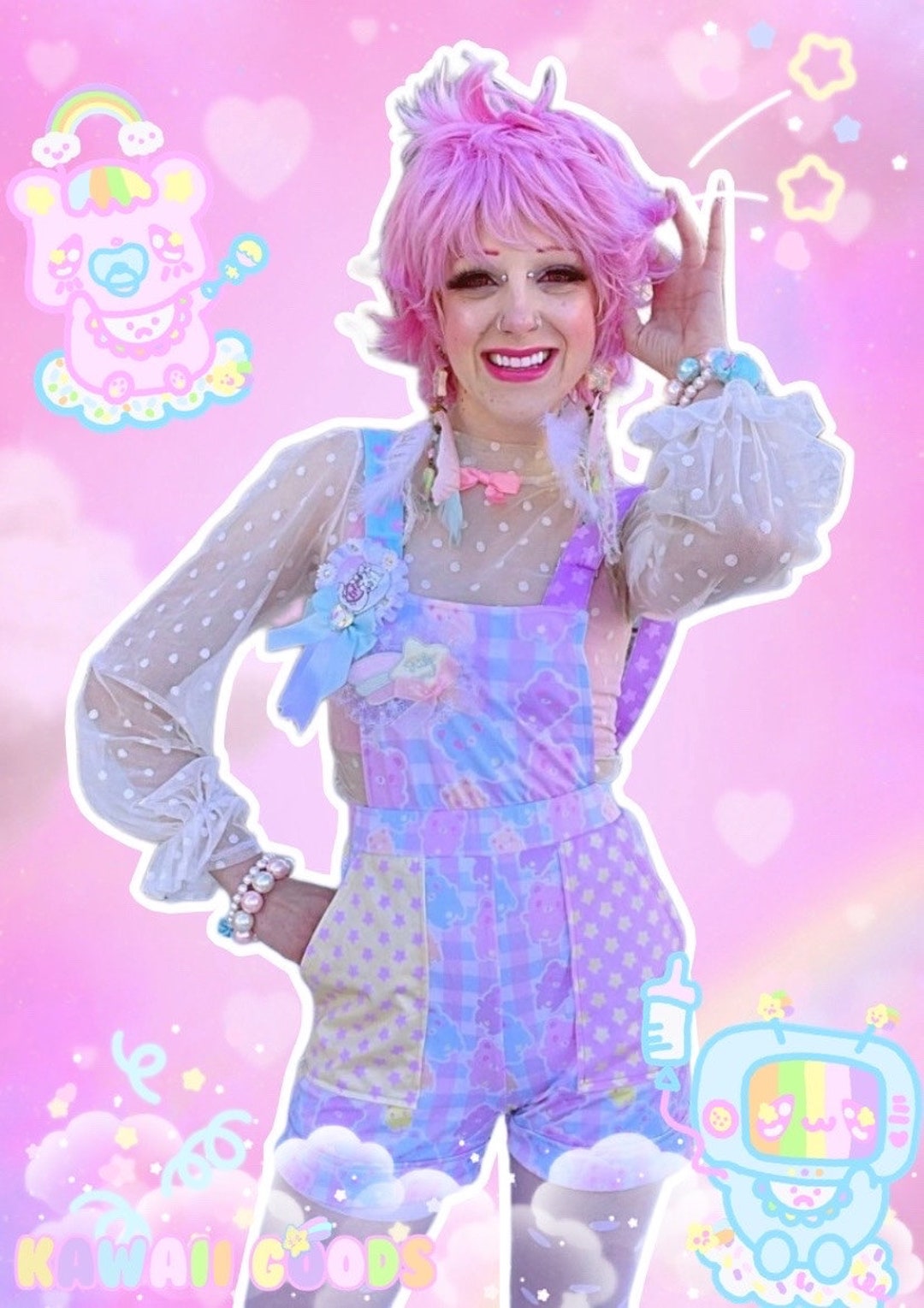 Gummy Bear Alien Gingham Overalls Shorts Kawaii Shorts - Etsy Canada
