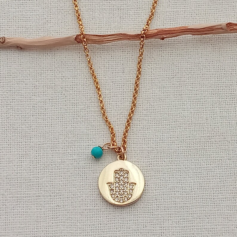 Jewish Hand Symbol Necklace Micro Pave Coin Necklace. 14k Gold Filled ...