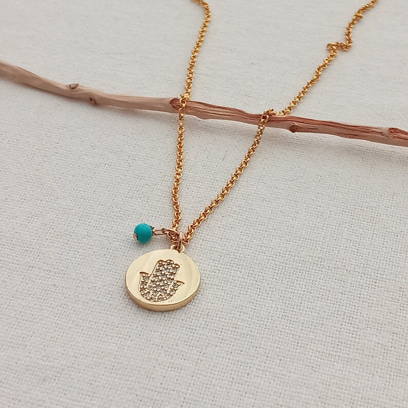 Jewish Hand Symbol Necklace Micro Pave Coin Necklace. 14k Gold Filled ...
