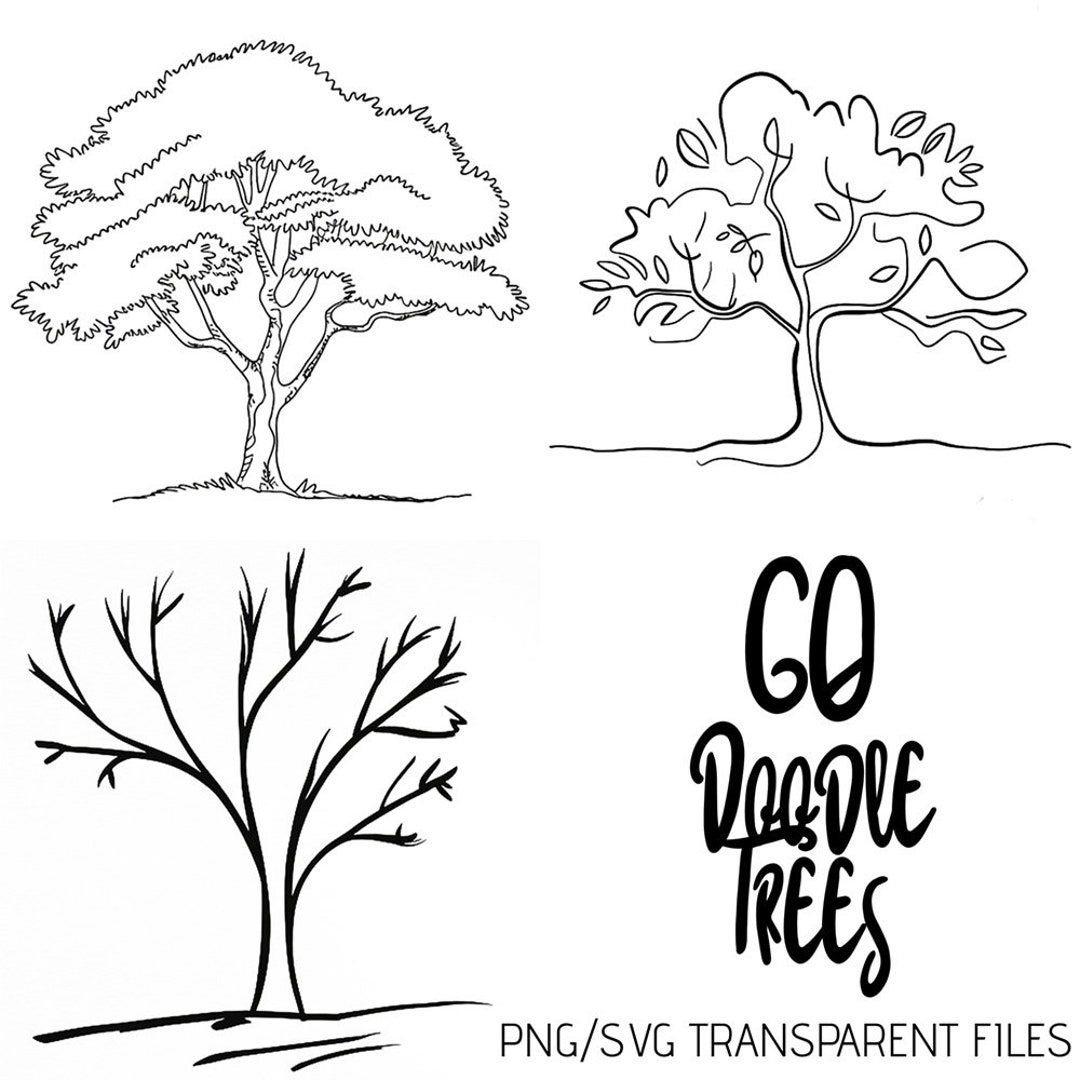 60 Trees Doodle Hand Drawn PNG SVG Drawings Digital Gorgeous Clipart ...