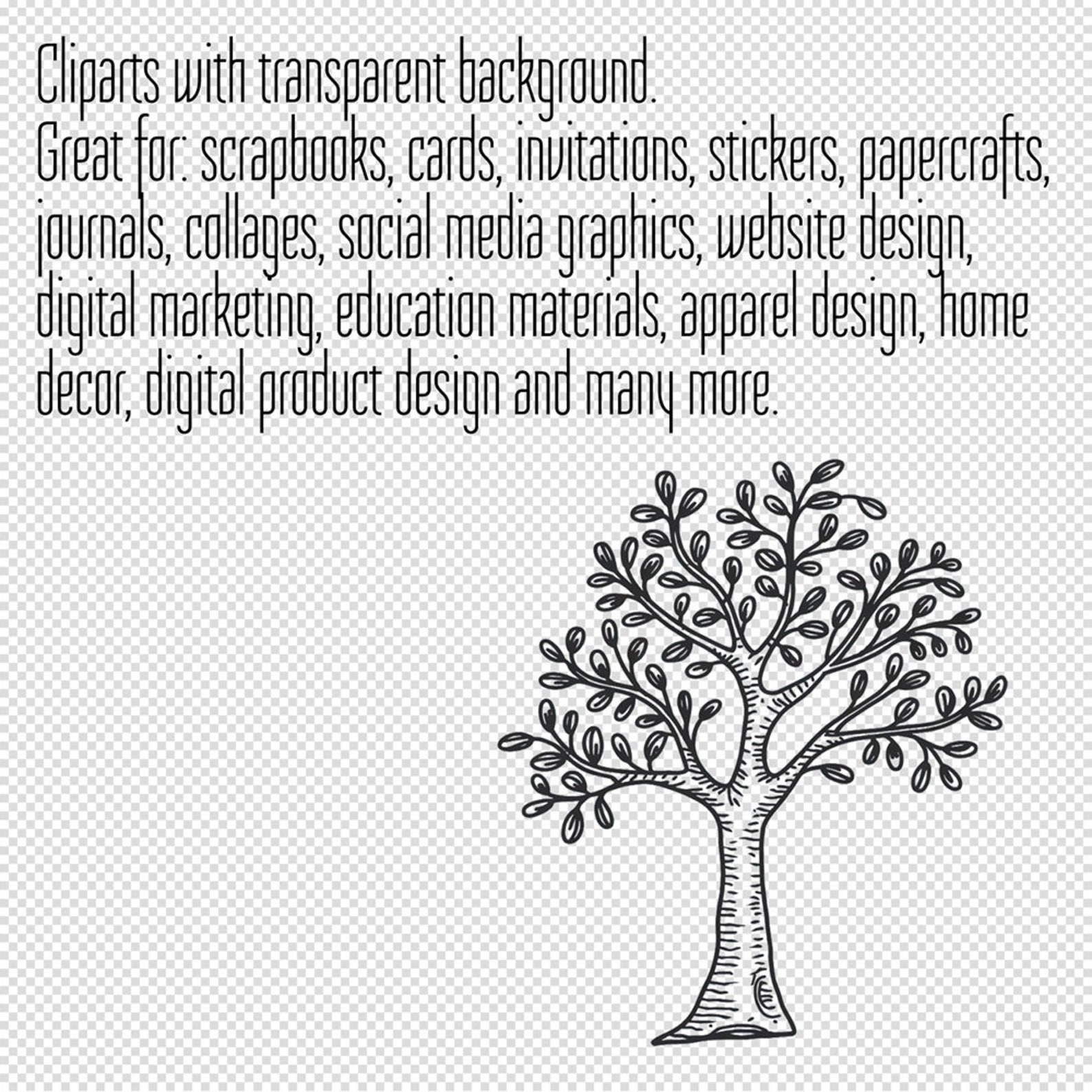 60 Trees Doodle Hand Drawn PNG SVG Drawings Digital Gorgeous Clipart ...