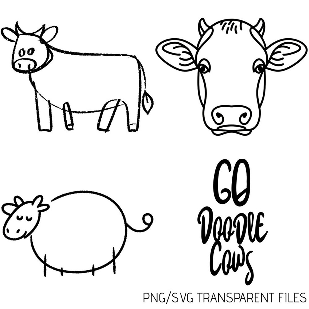 60 Cows Doodle Hand Drawn PNG SVG Drawings Digital Gorgeous Clipart ...