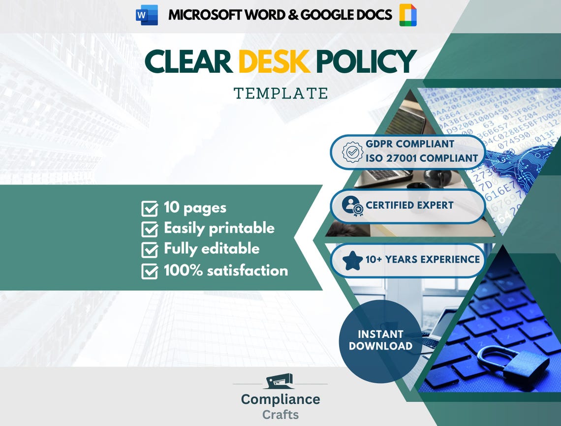 Clear Desk & Clear Screen Policy Template | Office Security | Data ...