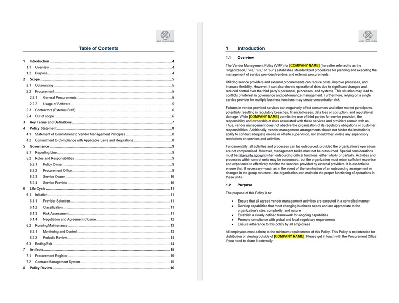 Vendor Management Policy Template | Outsourcing & Procurement | Vendor ...
