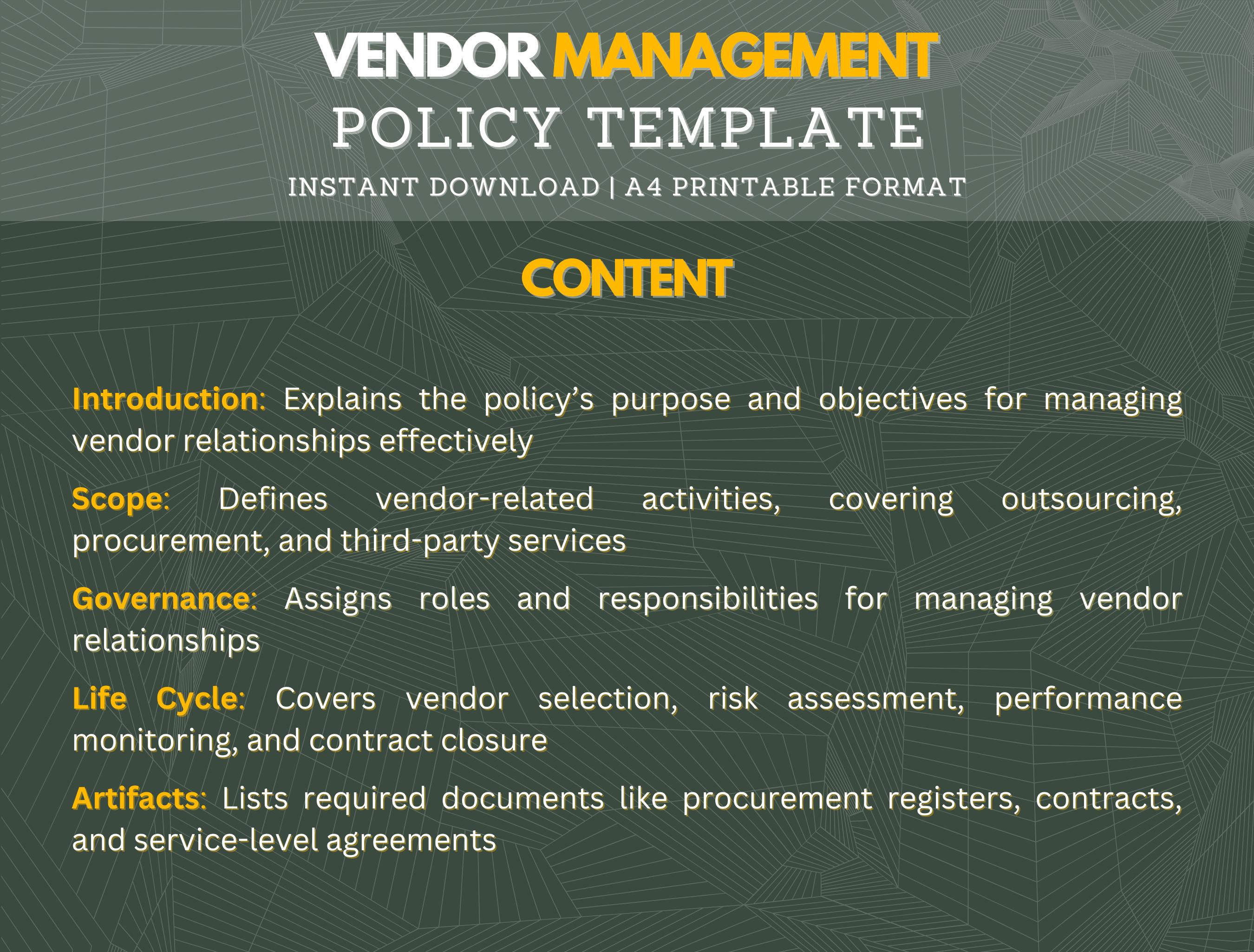 Vendor Management Policy Template | Outsourcing & Procurement | Vendor Selection and 3rd-party ...
