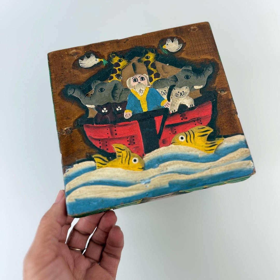 Carved Noah Ark Hand Painted Wooden Box Unique Trinket Animal Storage ...