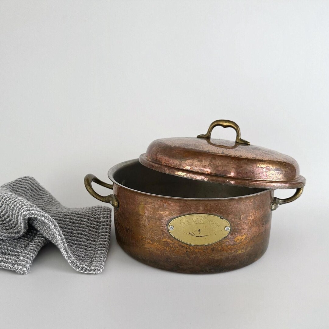 Vintage Copper Pot Antique Kitchen Cookware Brass Handle Lidded Unique ...