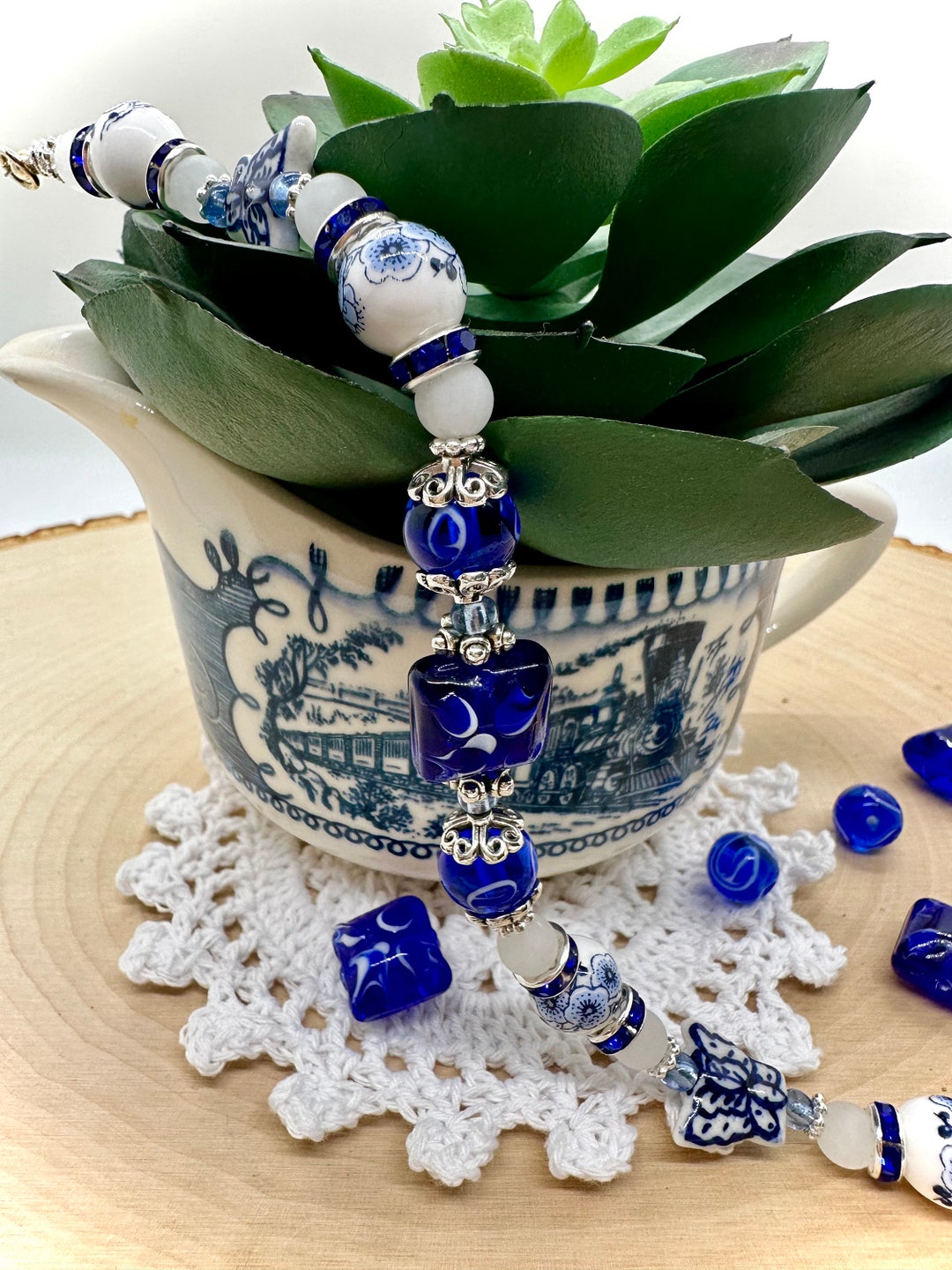 GRANDMAS BLUE Plate White Jade and Navy Blue Lampwork Glass Beaded ...