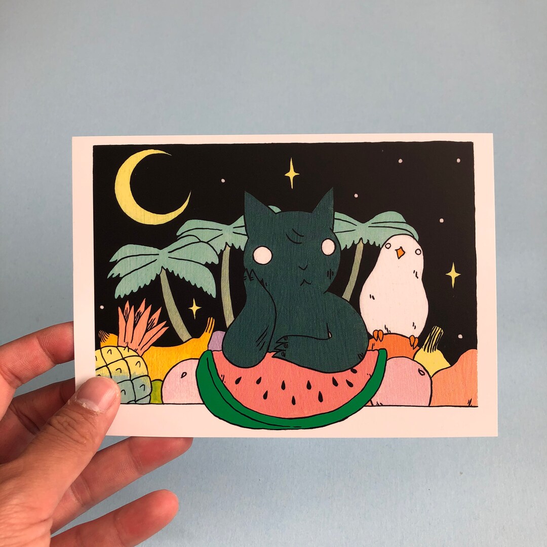 Cat With Watermelon & White Owl Postcard Print by Deth P. Sun - Etsy
