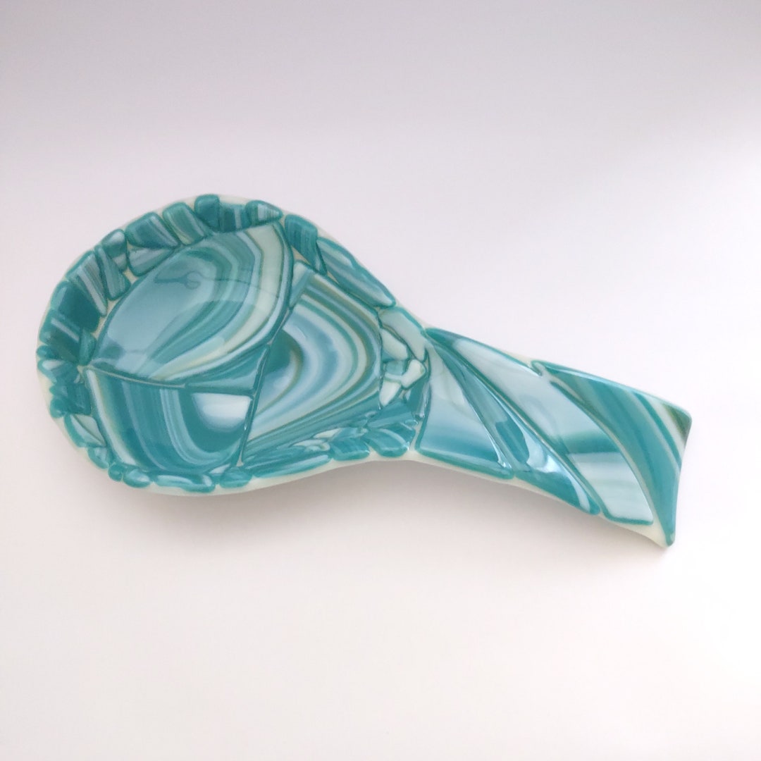 Blue Green Swirl Spoon Rest, Mosaic Style Fused Glass Spoon Rest, Spoon ...