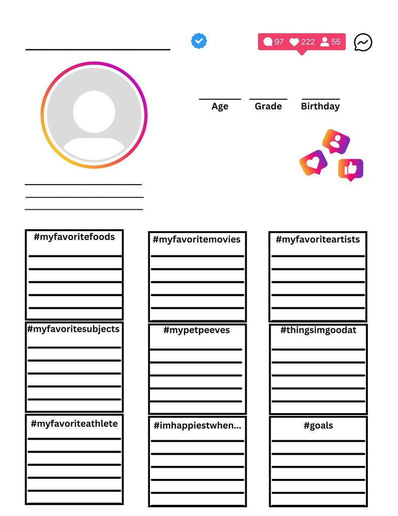 Printable Get to Know Me, All About Me Instagram Profile Worksheet - Etsy