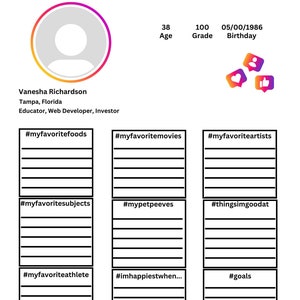 Printable Get to Know Me, All About Me Instagram Profile Worksheet - Etsy
