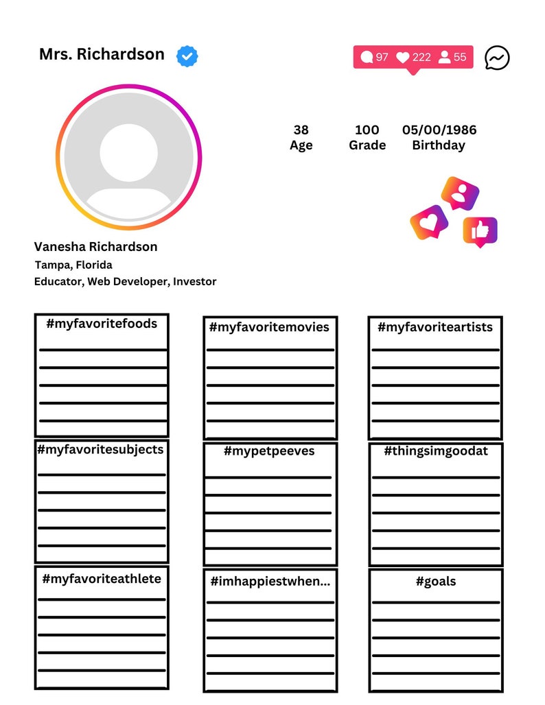 Printable Get to Know Me, All About Me Instagram Profile Worksheet - Etsy
