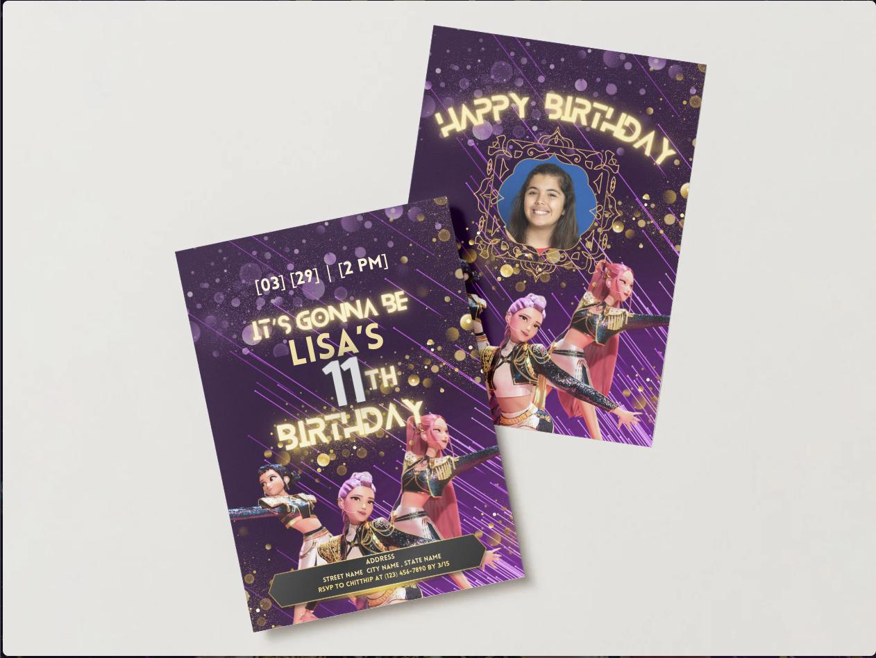 Kpop Demon Hunters HUNTRIX: Birthday Invitation Golden Design (digital ...