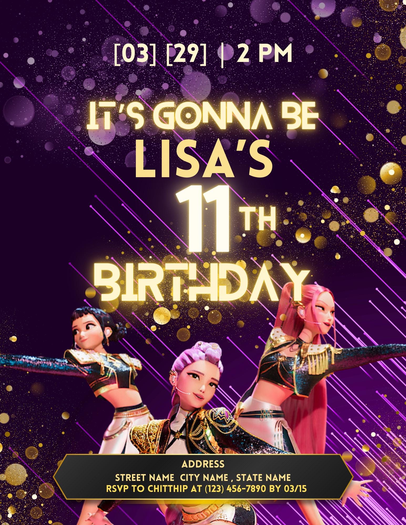 Kpop Demon Hunters HUNTRIX: Birthday Invitation Golden Design (digital ...