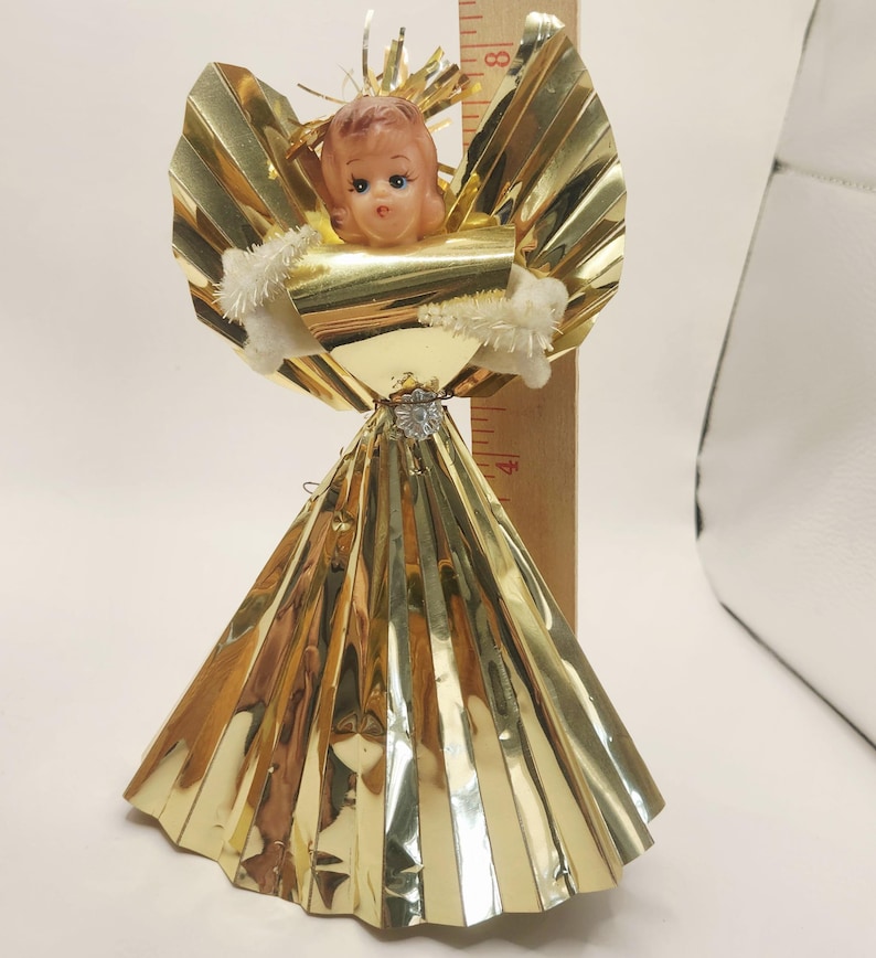 Vintage Mid Century Tree Topper Angel 1950s Gold Pleated Foil Acetate ...