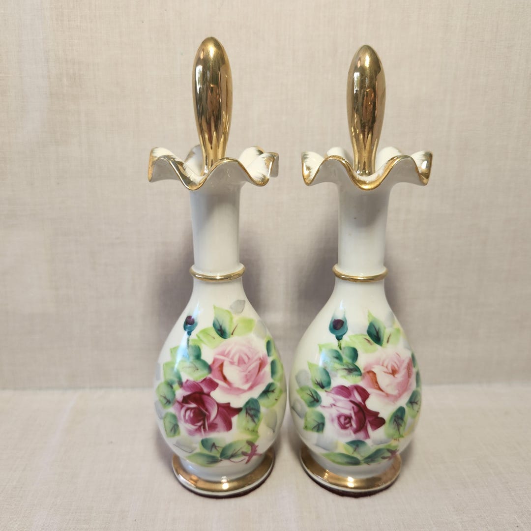 Perfume Bottle Set: Hand-painted Vintage Nasco Japanese Roses, Gold ...