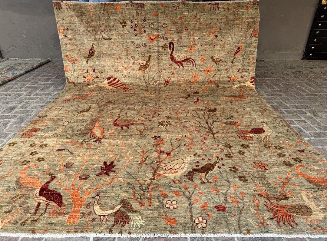 9x12 Ft One of Kind New Turkmen Rug, 20+ Handmade Bird Design Soft Wool ...