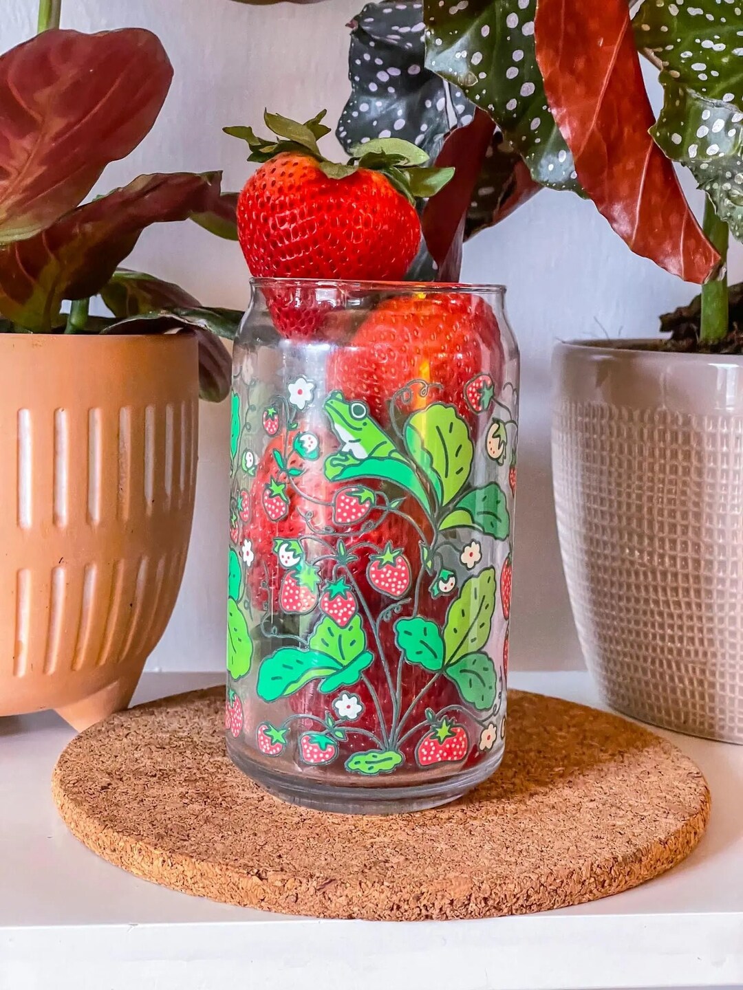 Strawberry Frog Can Glass | Cottage Core, Berries & Frogs - Etsy
