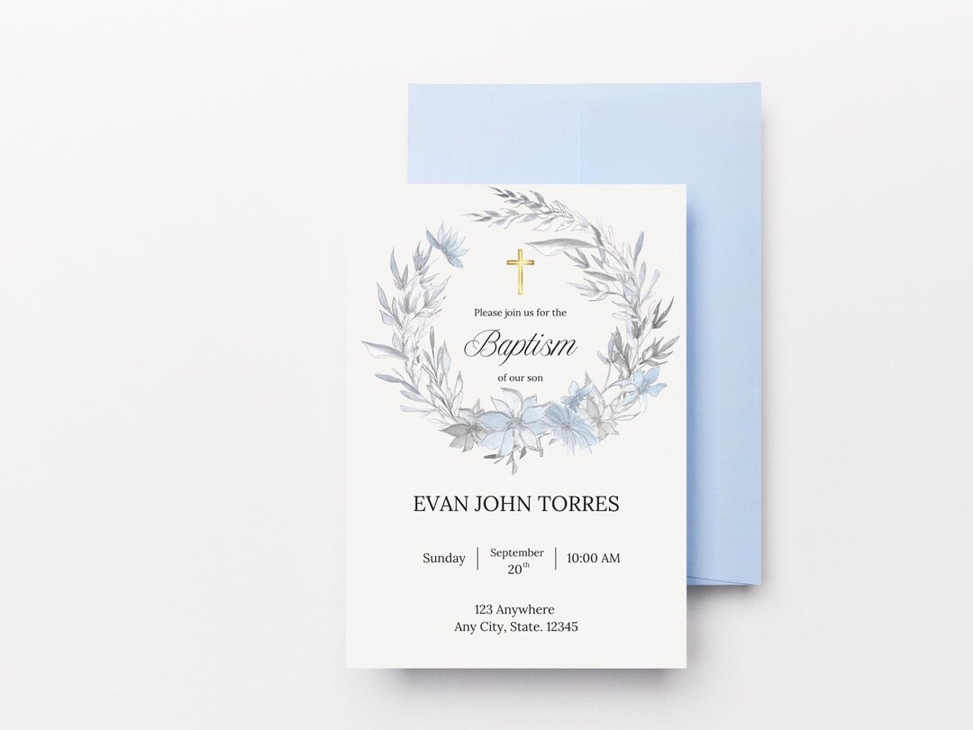 Blue and White Boy Baptism Custom Invitation, Blue Floral Christening ...