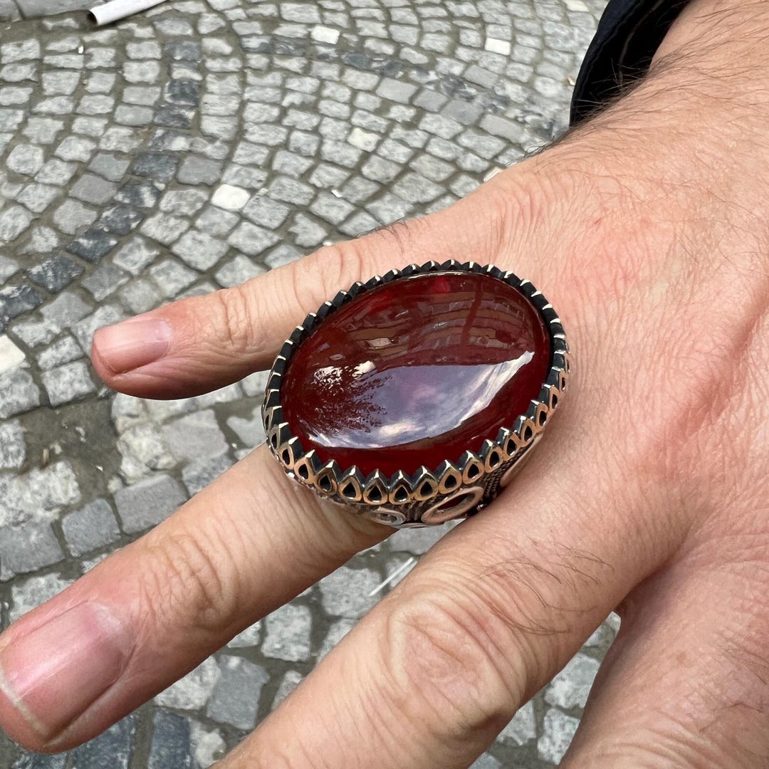 Man Large Ring , Big Ruby Stone Silver Ring , Handmade Ottoman Style ...