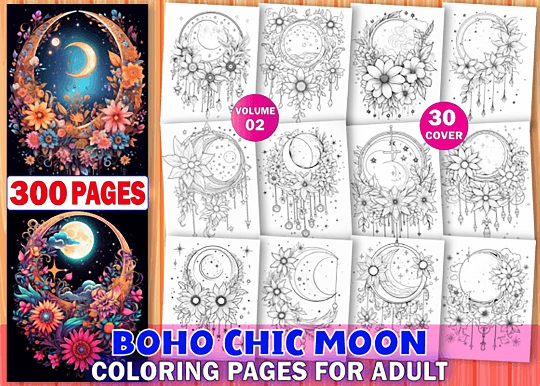 300 Boho Chic Moon Coloring Pages Adults, Coloring Book PDF File ...