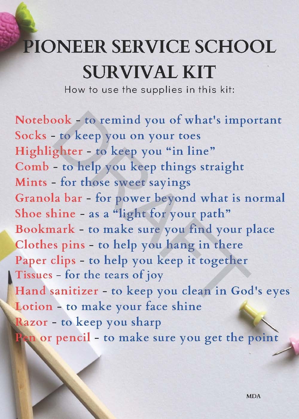 Pioneer School Survival Kit List: Funny JW Gift (printable) - Etsy