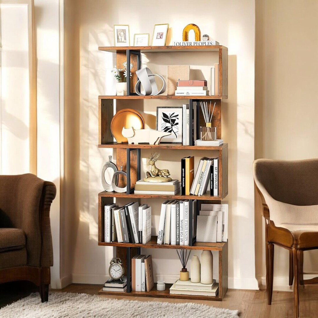 Rustic 5-tier S-shaped Z-shelf – Industrial Bookshelf With Steel Frame ...