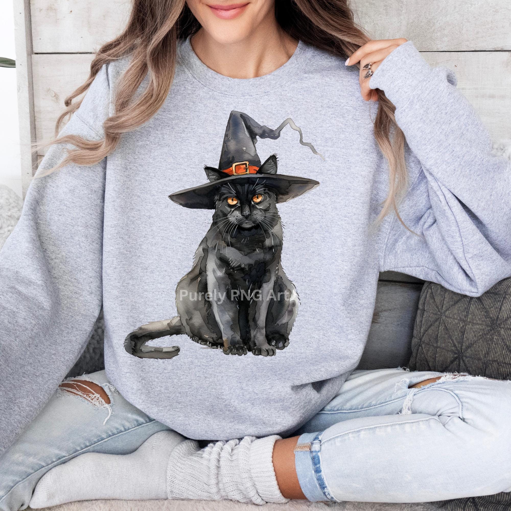 Halloween Black Cat Witch Hat PNG Download, Cute Fall Clipart, PNG File ...