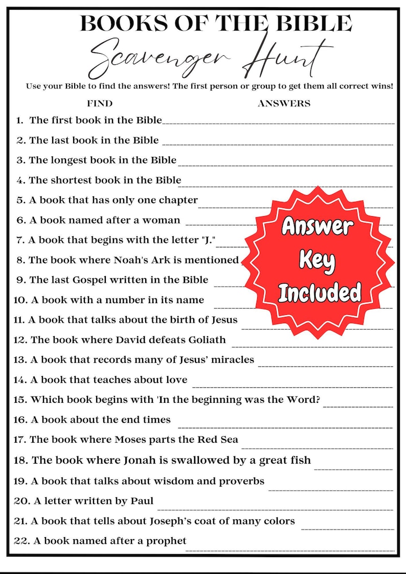 Books of the Bible Scavenger Hunt: Sunday School Church Game (printable ...