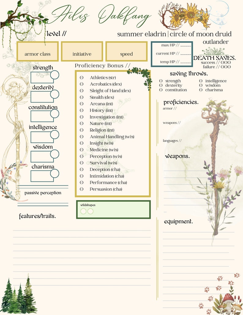 Custom Dnd Character Sheets Fully Custom Unique & Aesthetic Designs - Etsy