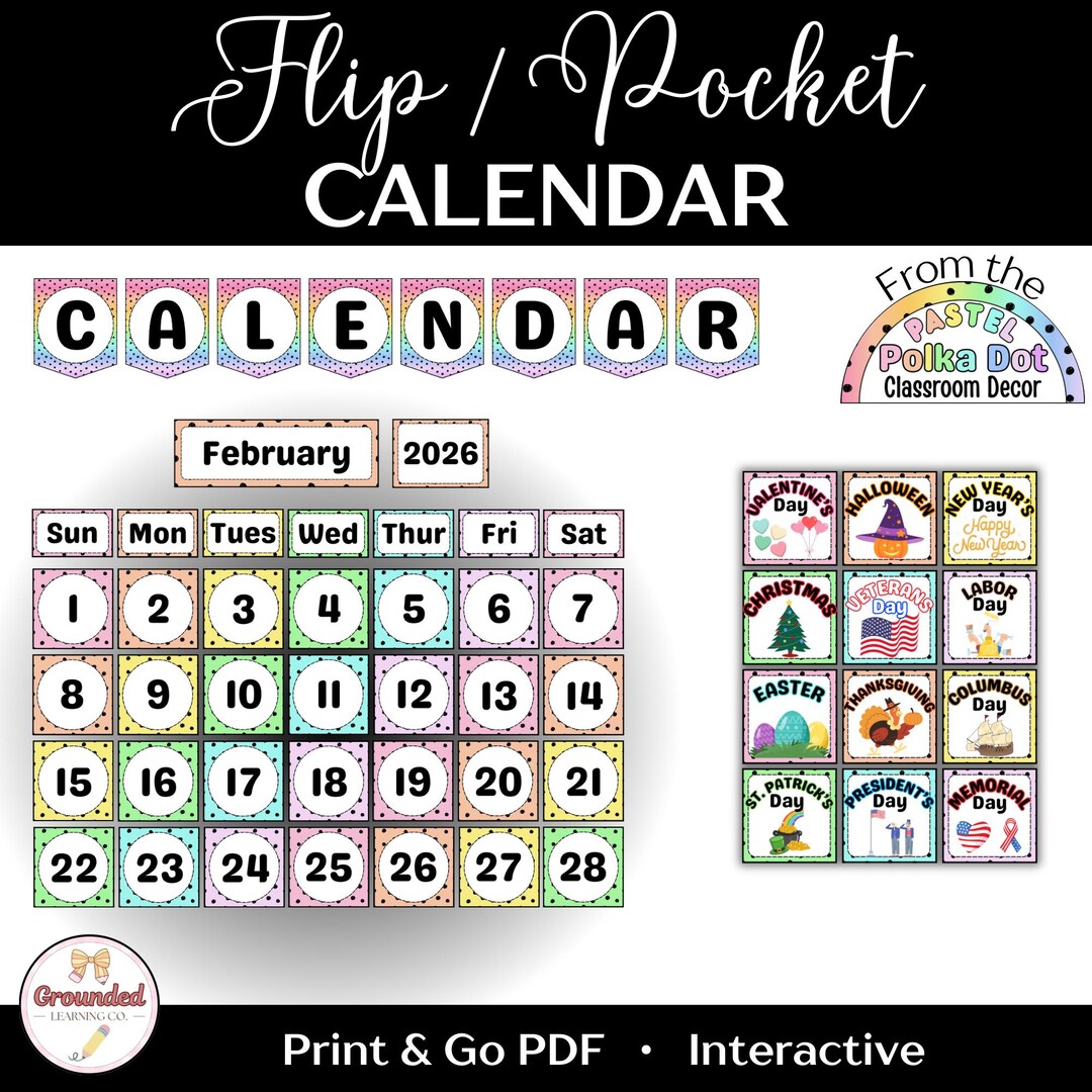 Pastel Polka Dot Classroom Flip Calendar | Pocket Inserts (digital ...