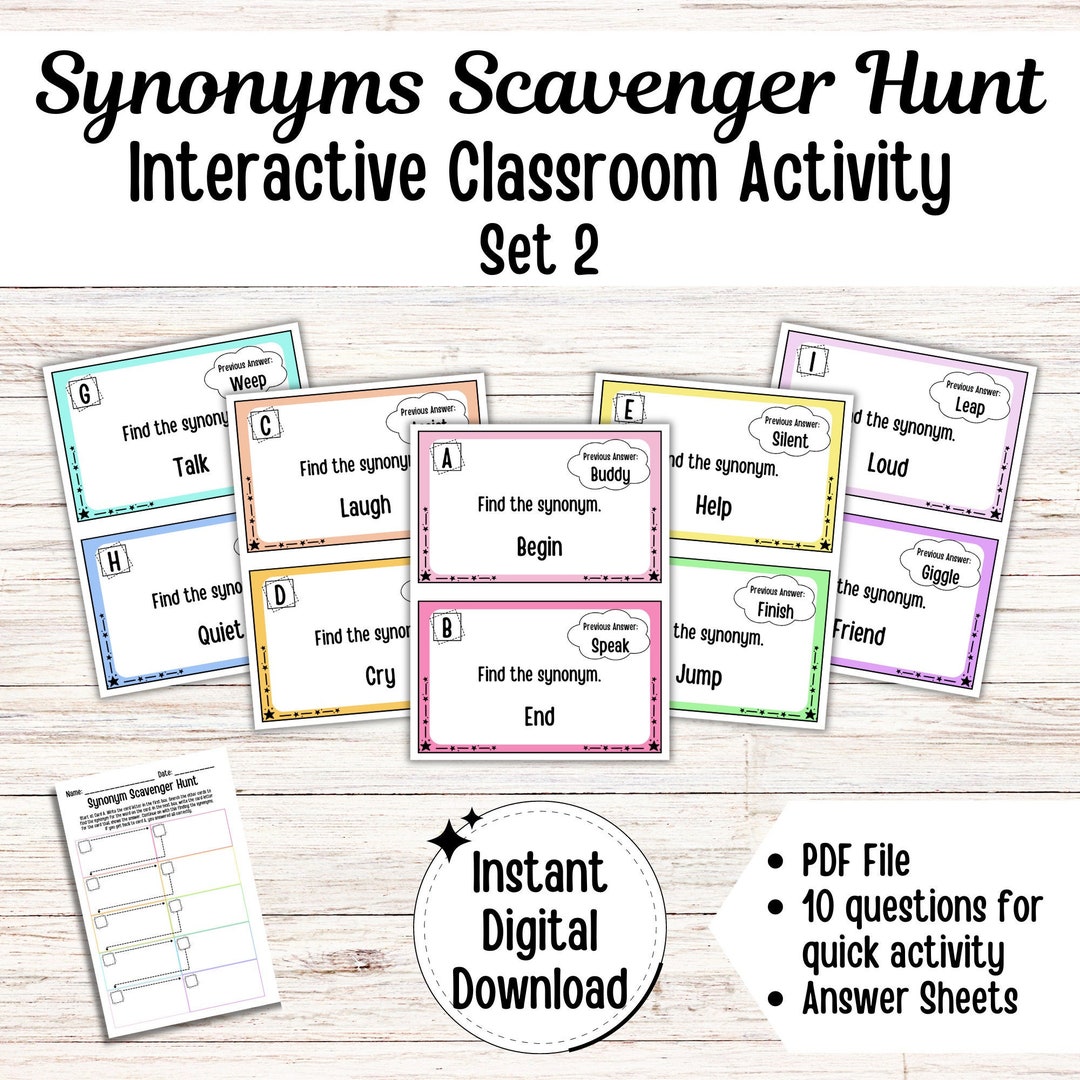 Synonym Scavenger Hunt Printable Set 2 | Fun Classroom Activity for ...