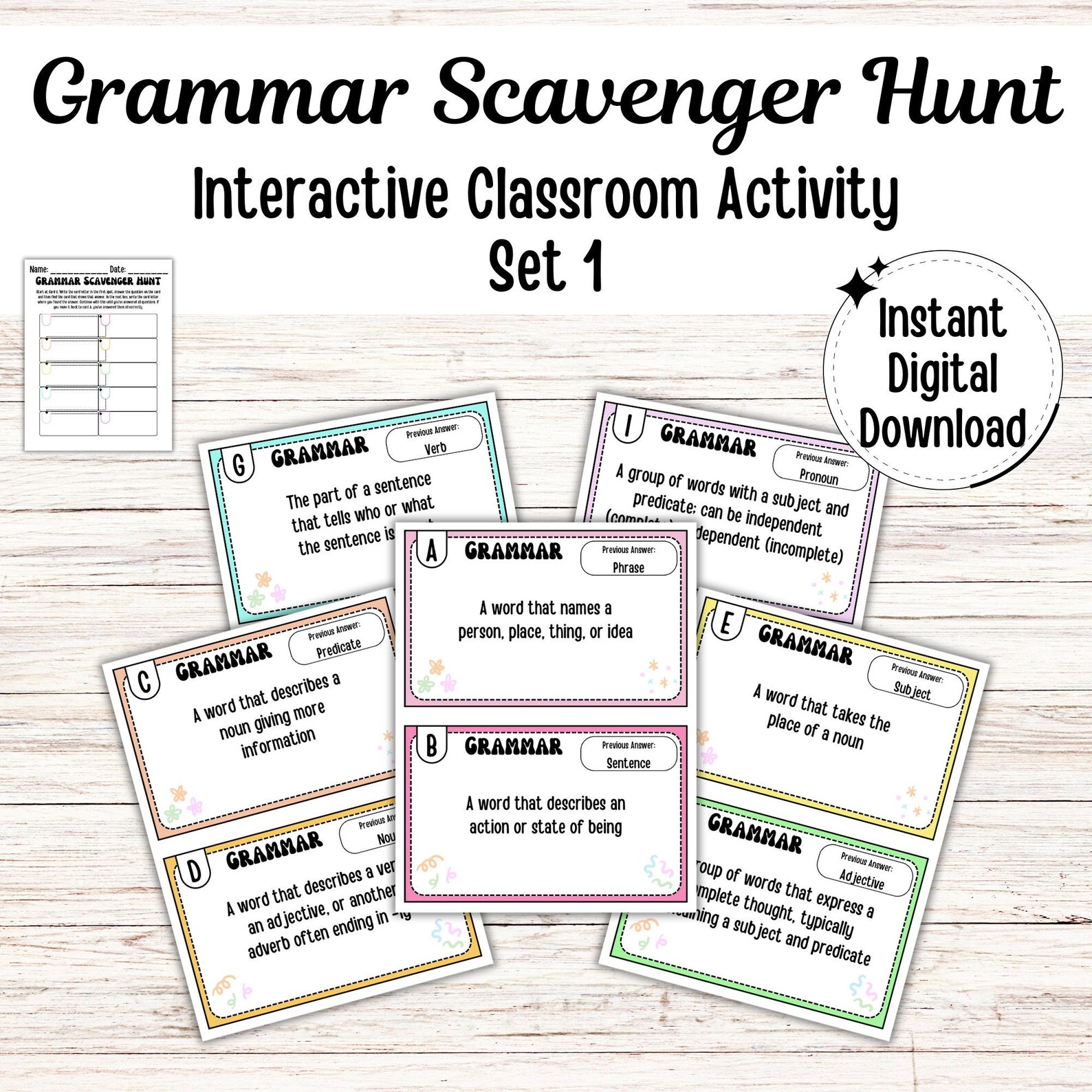 Grammar Scavenger Hunt Set 1 - Fun Classroom Activity - Etsy
