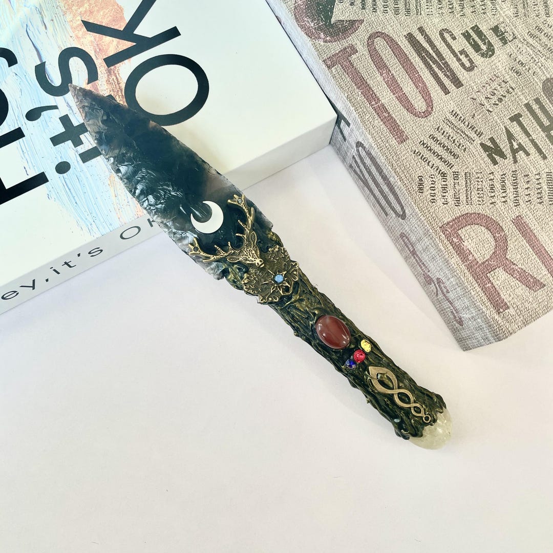 Handcrafted Obsidian Ritual Knife, Gemstones Handle Athame, Natural ...