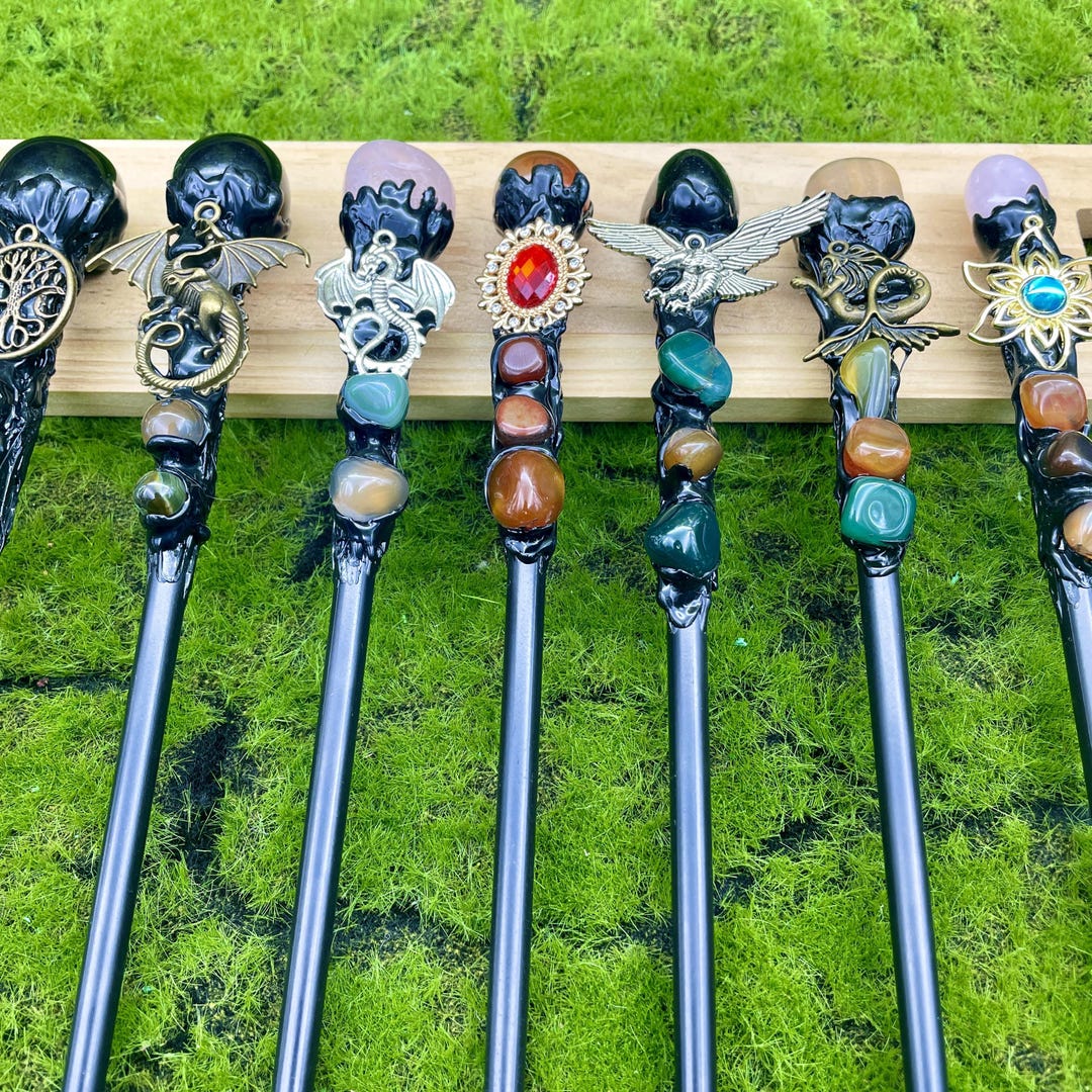 11 Natural Crystal Magic Wands, Handmade Black Wands, Quartz Magic ...