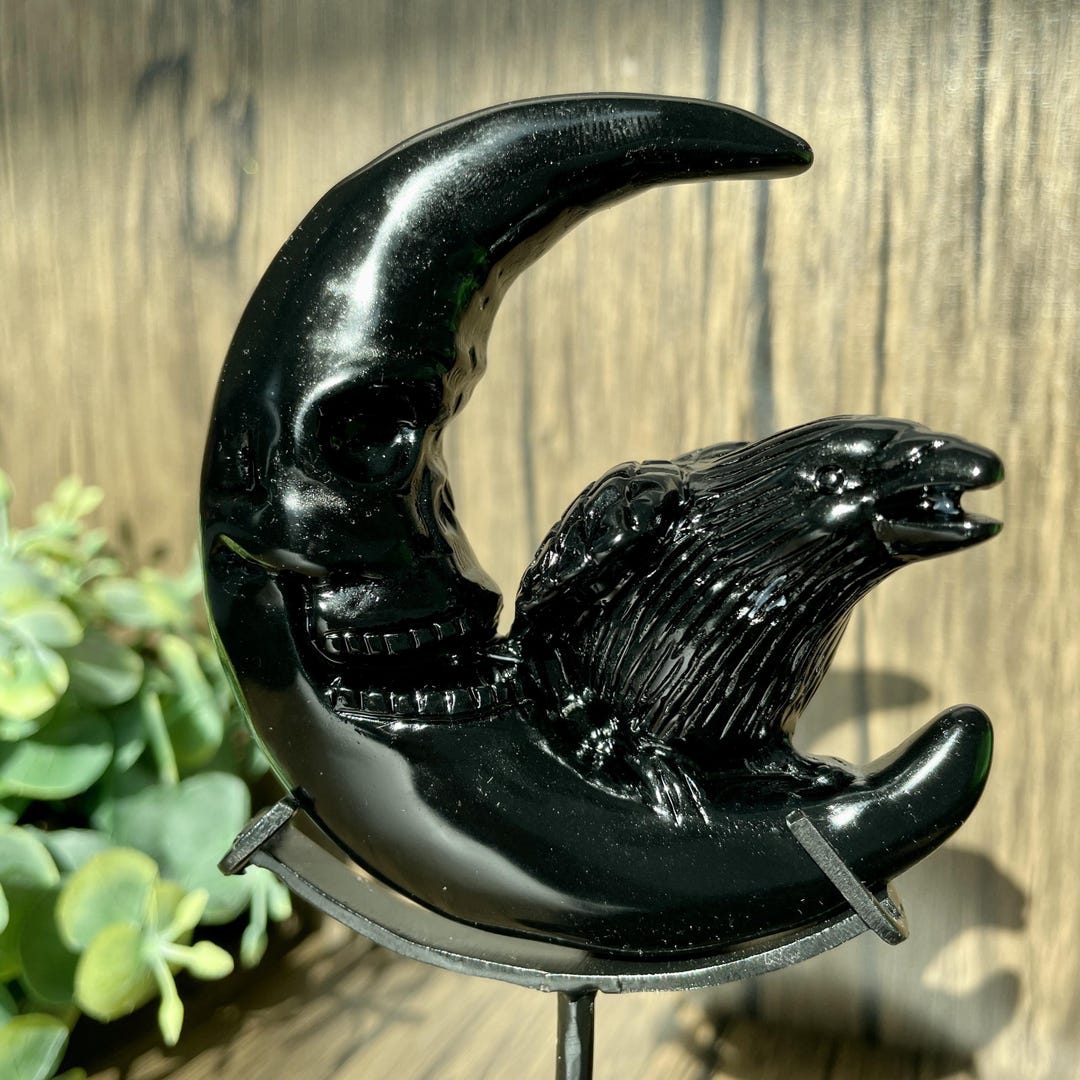 Handcrafted Obsidian Crescent Moon and Raven Tabletop Sculpture ...