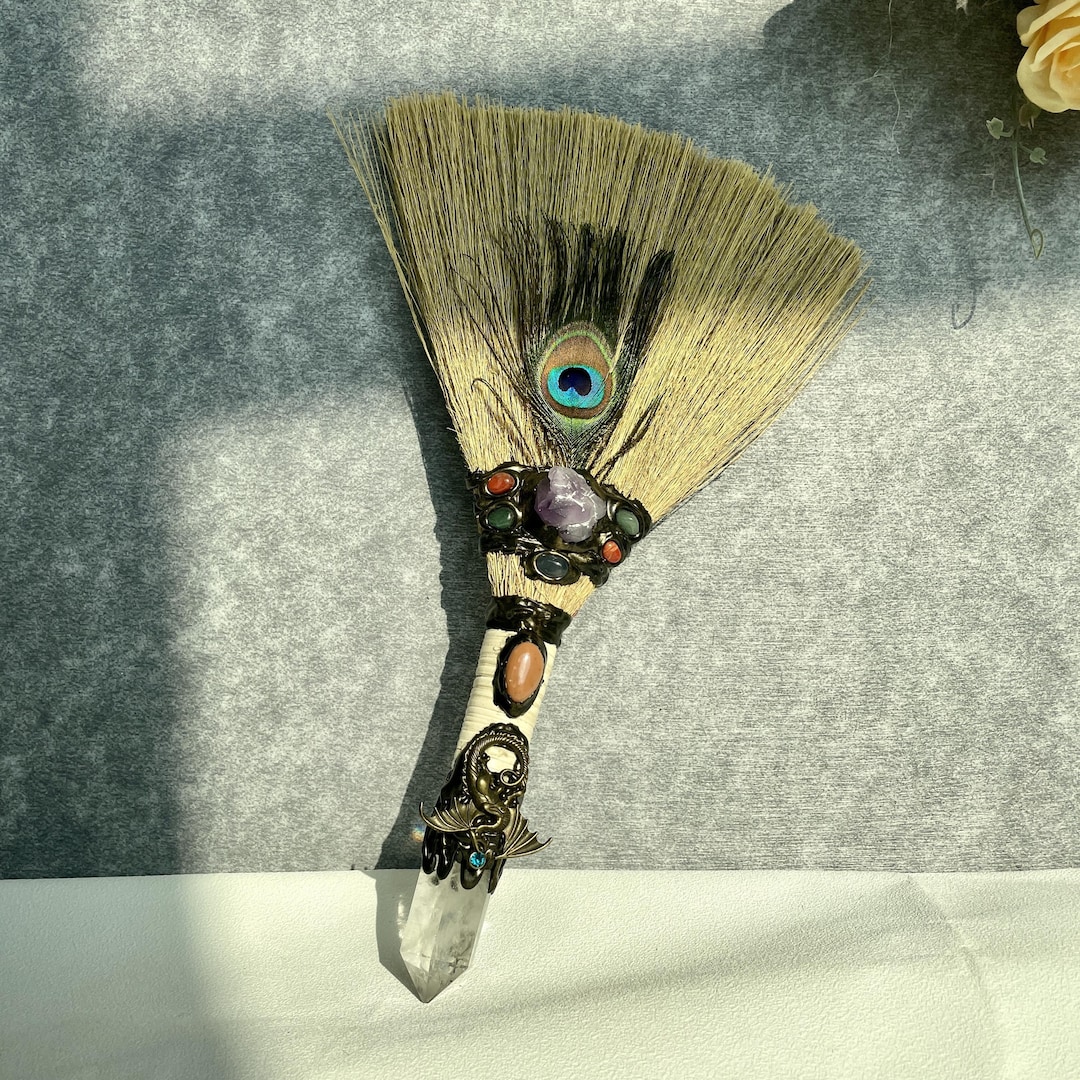 12.5" Handmade Crystal Broom, Clear Quartz Witch Magic Broom, Spiritual ...