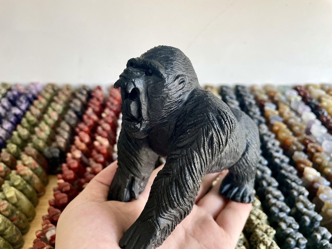 Handcrafted Obsidian Gorilla Figurine, Natural Black Obsidian Animal ...